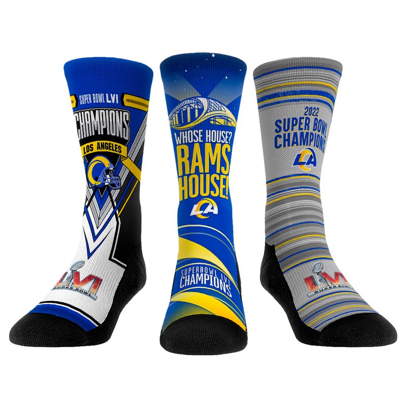 Los Angeles Rams Super Bowl LVI Champions 3 Pack BLACK BOTTOM Crew Socks