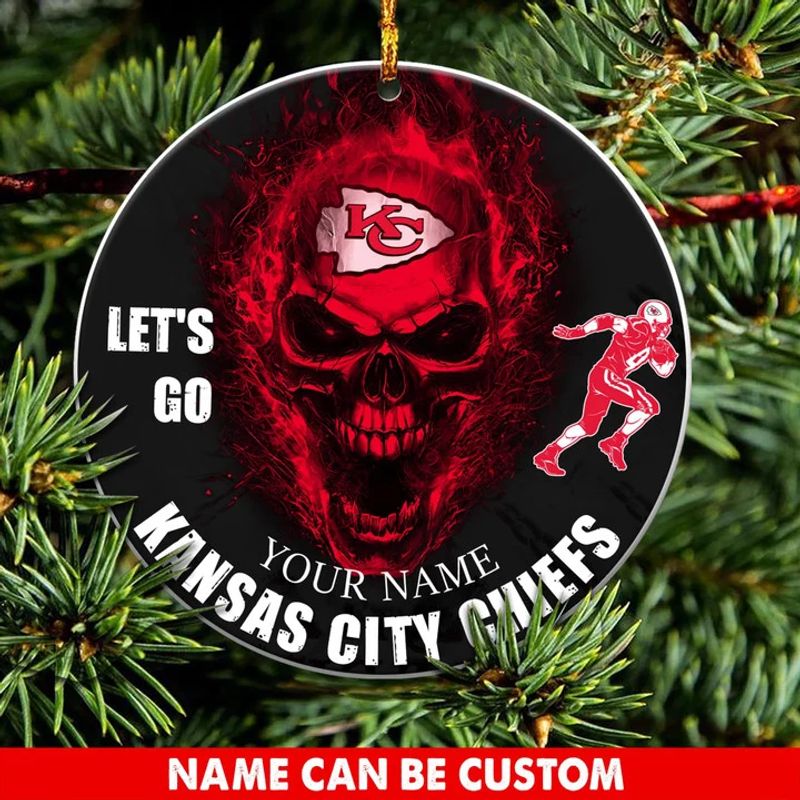Kansas City Chiefs Fire Skullcap Let's Go 2-sided Wooden Or Mica Ornament